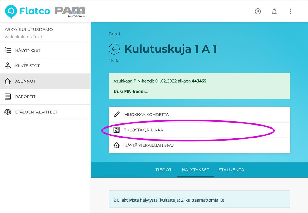 PamFlatco Huoneistokohtaisen QR linkin Tulostus Flatco